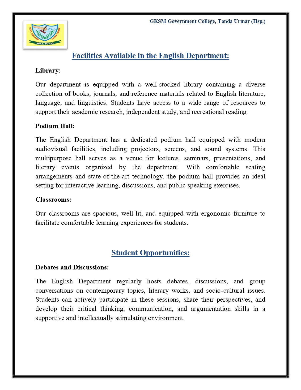 GKSM Government College Tanda Urmar - English