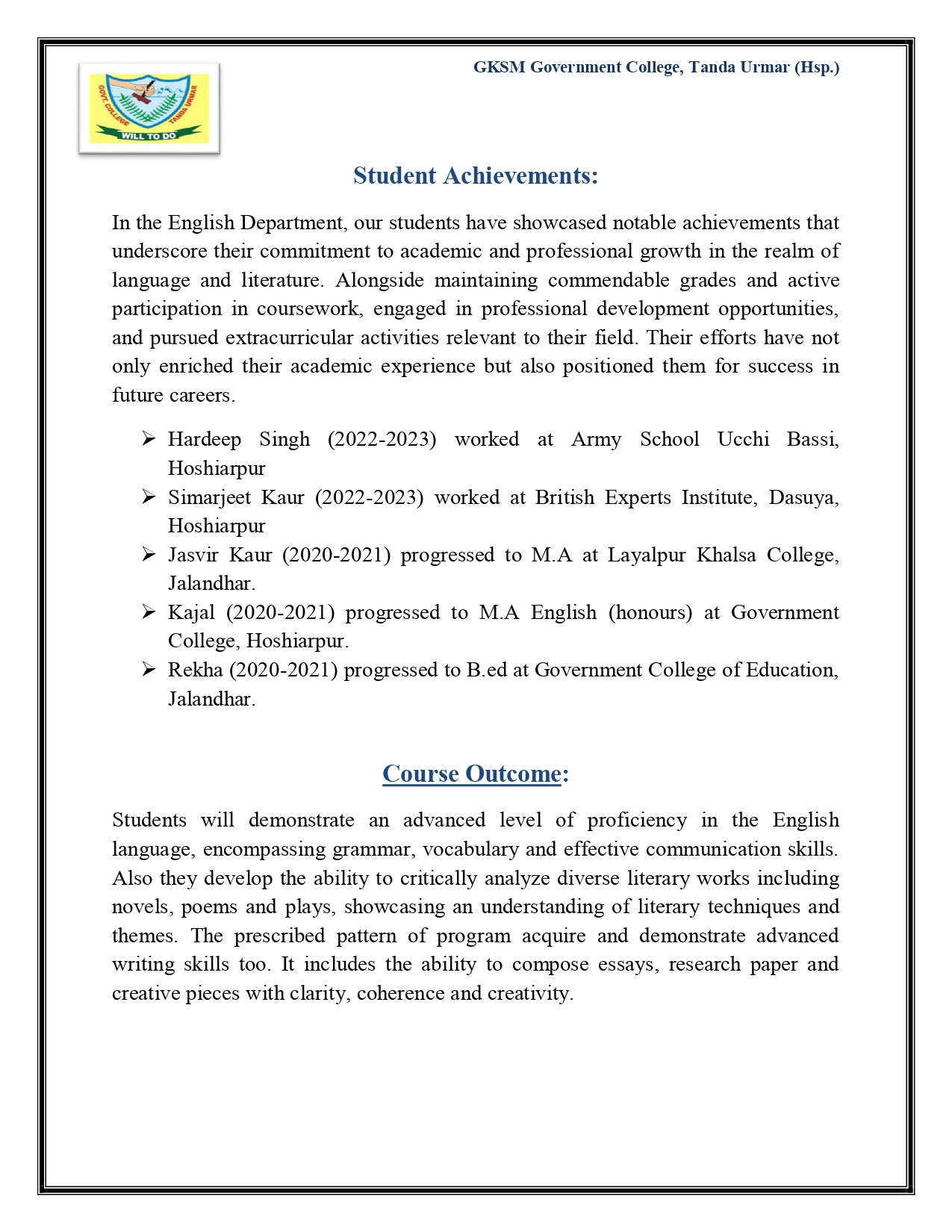GKSM Government College Tanda Urmar - English